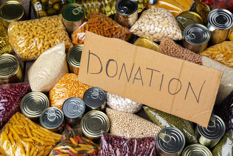 Food Donations on the Table. Text Donation Stock Photo - Image of ...