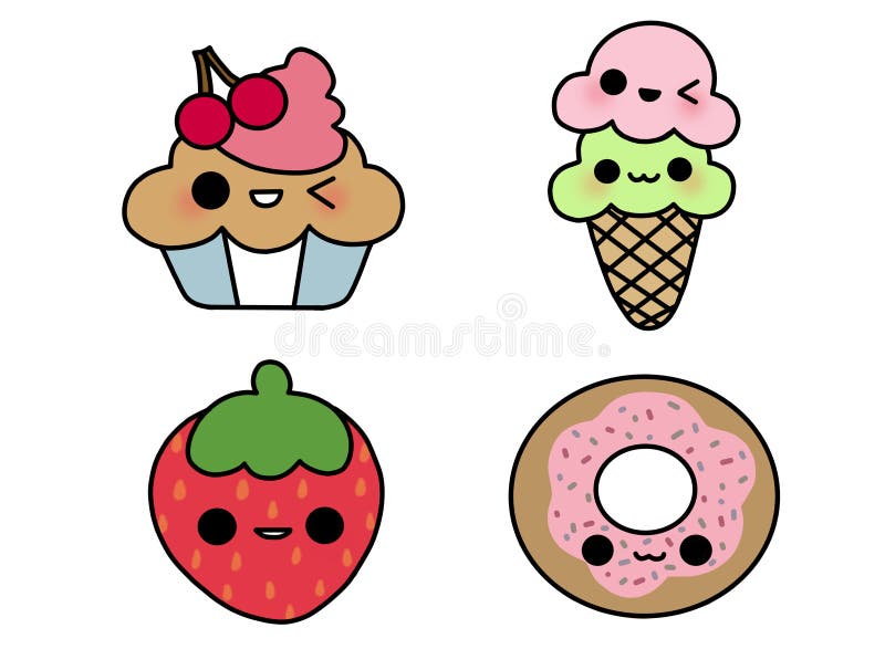 Food Doodles Collection Ice Cream Cupcake Strawberry And Donut Stock