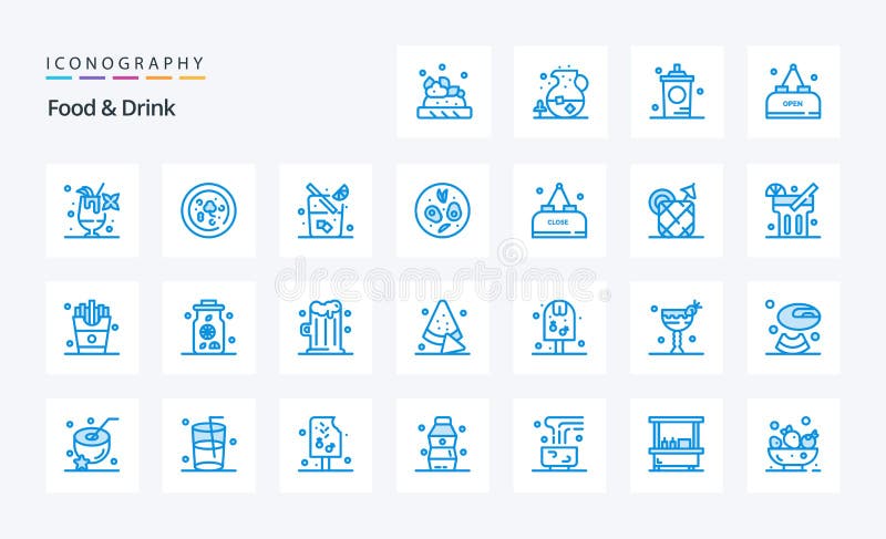 25 Food and Drink Blue Icon Pack Stock Vector - Illustration of meal ...