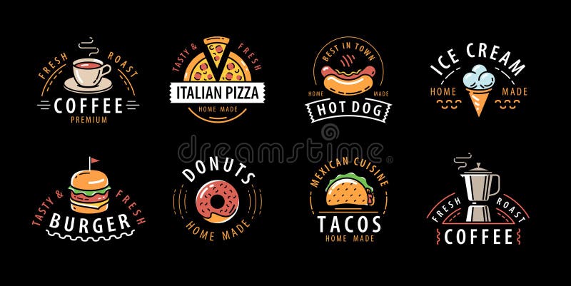 Food and Drink Labels Set. Typography Design Elements, Logos, Badges ...