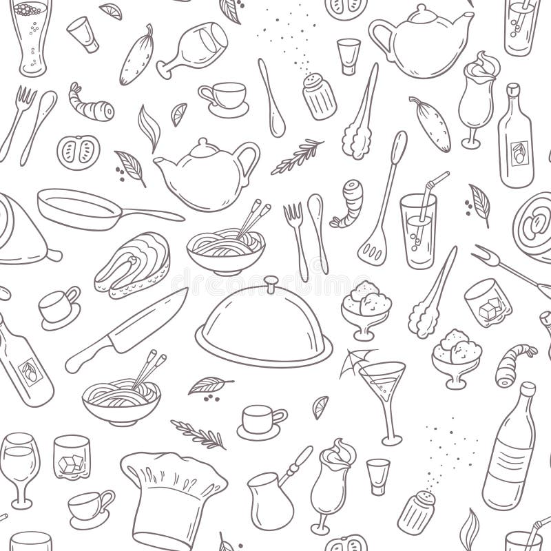 Food and Drink Outline Seamless Pattern. Hand Stock Vector ...