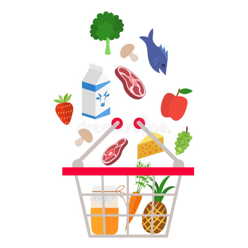 Food and Drink Products Falling Down into Basket Stock Vector ...
