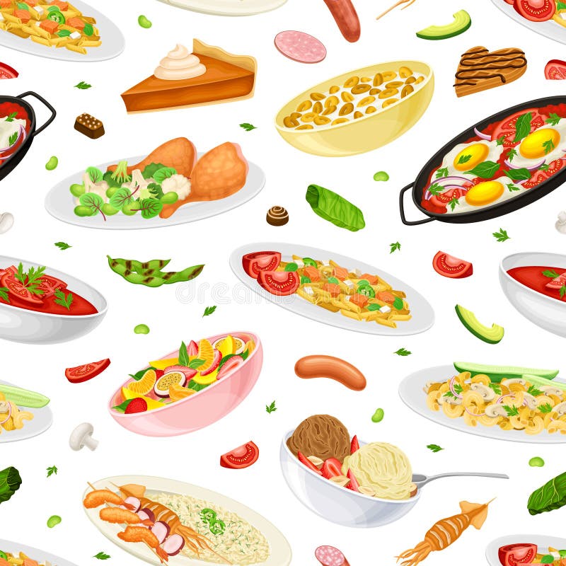 Food and Drink Seamless Pattern Design with Different Served Dish ...