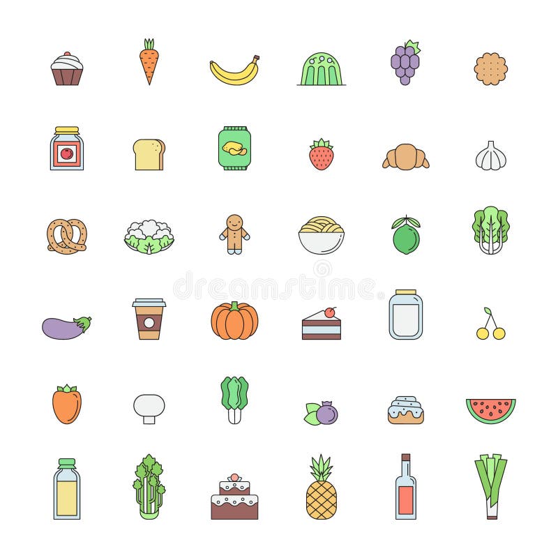 Food and Drinks Outline Icon Set Multicolor. Simple Design. Stock ...