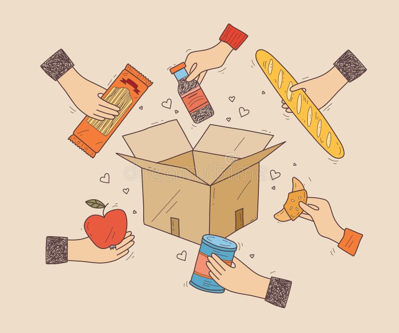 Food Drive Concept with Hands Offering Food Items Around a ... Stock Vector - Illustration of ...