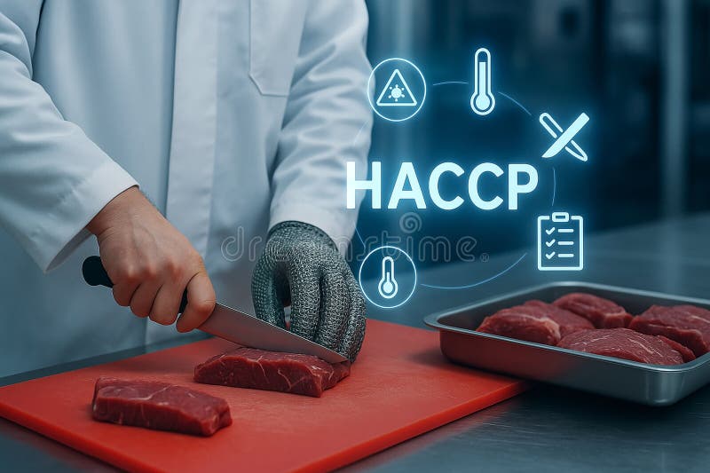 Food Engineer Slicing Raw Beef Under Strict HACCP Meat Safety Protocols ...