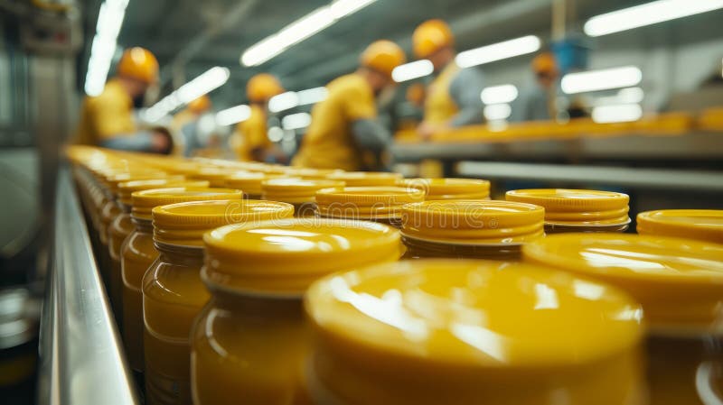 A Food Factory Production Line with Workers in the Background. Stock ...
