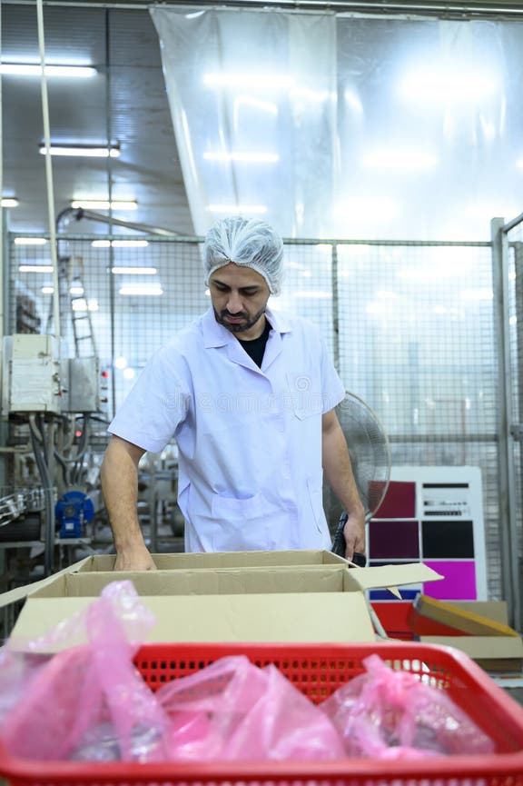 Food Factory Worker Checking Packaged Products in Food Processing ...