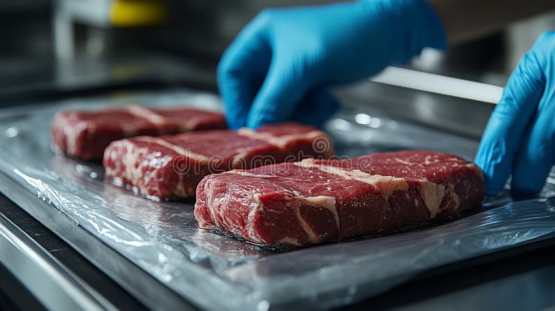 At a Food Factory, a Worker Packs Meat into Plastic Wrap with the Help ...