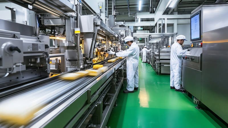 Food Factory Workers Operating Machinery Processing Food on Production ...