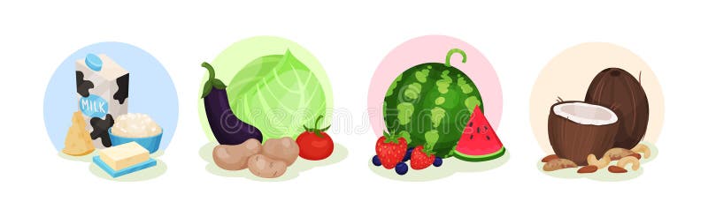 Food Groups with Dairy, Fruit, Vegetables and Nuts in Circle Vector Set ...