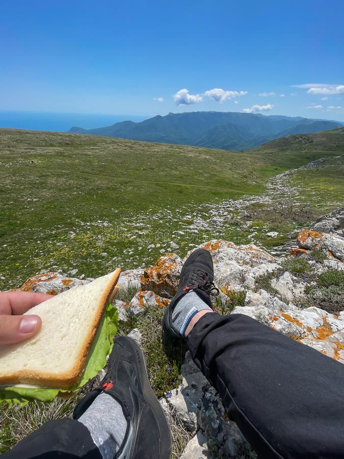 Food on a Hike a Man with Bread Sitting on a Mountain Journey Stock ...