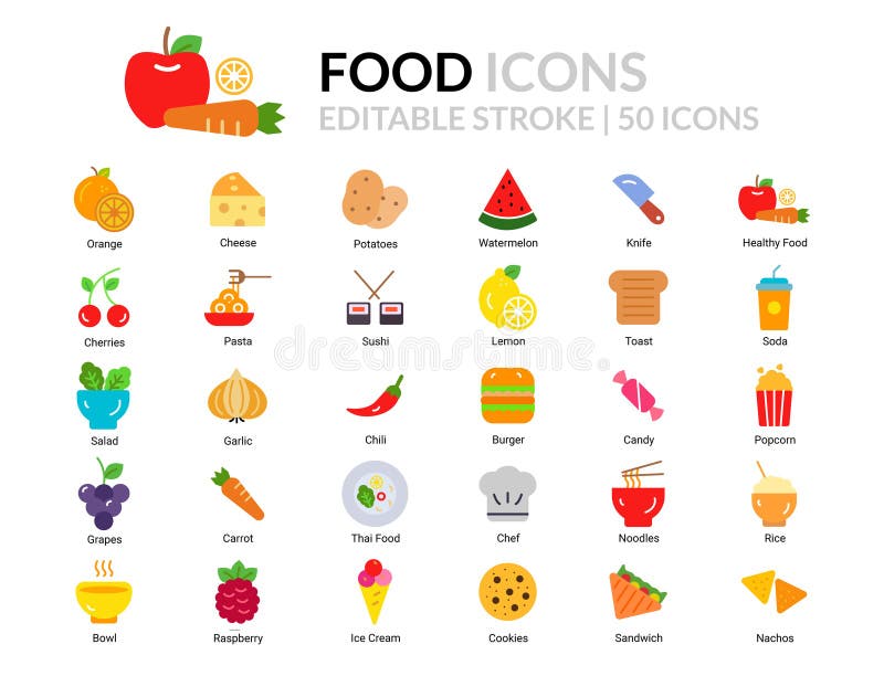Food Icon Set: 50 Delicious Outline Vector Icons in Color Stock Vector ...