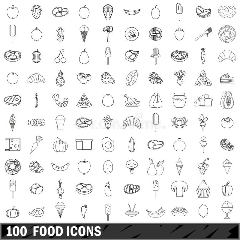 100 Food Icons Set, Outline Style Stock Vector - Illustration of ...