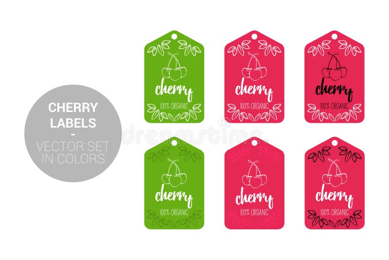 Cherry Fruit Natural Store Labels Set in Green, Red Colors. Stock ...