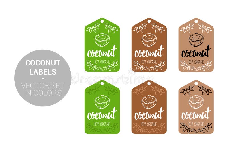 Coconut Eco Labels Vector Set in Green and Brown Colors. Stock Vector ...