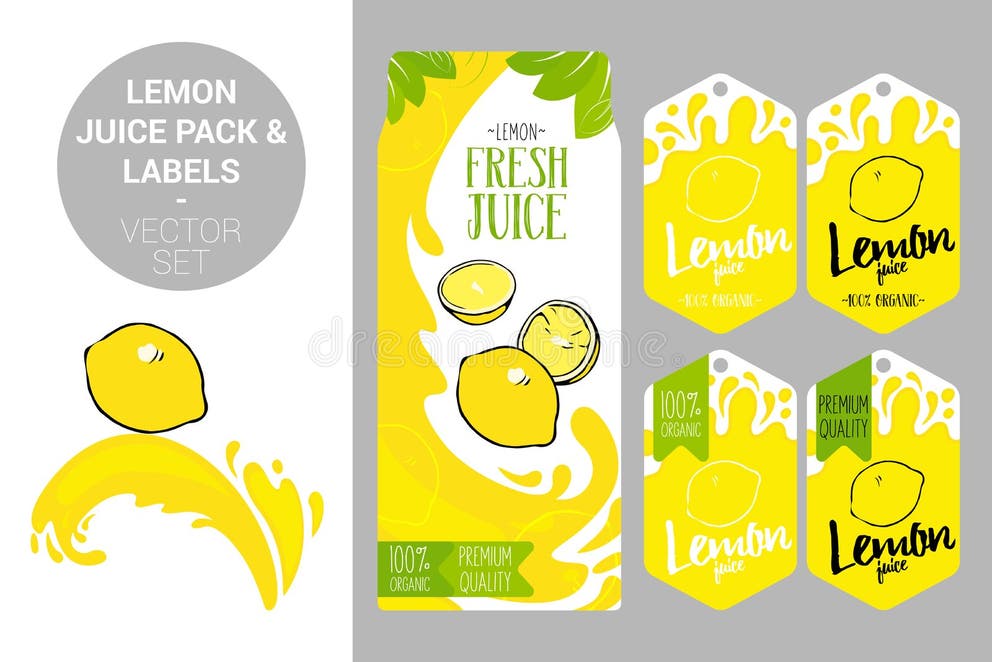 Lemon Juice Pack and Organic Fruit Labels Tags. Colorful Tropical ...
