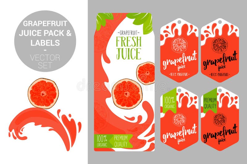 Grapefruit Juice Pack and Organic Fruit Labels Tags. Colorful Retro ...