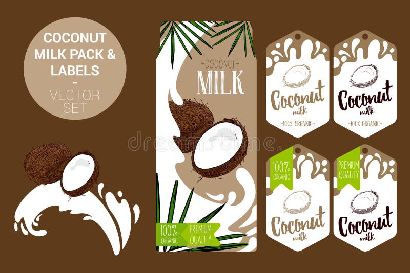 Coconut Milk Pack with Palm Leaves, Organic Labels Tags. Colorful ...