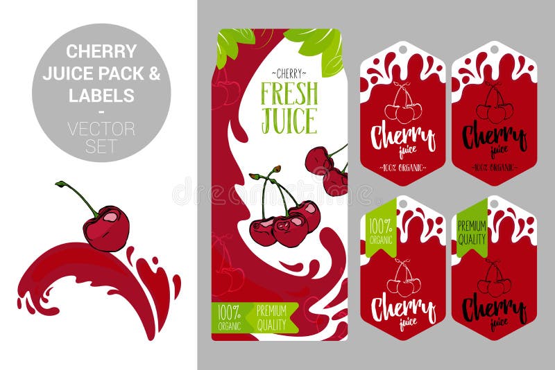 Red Cherry on Juice Splash. Berry Juice Pack and Organic Fruit Labels ...