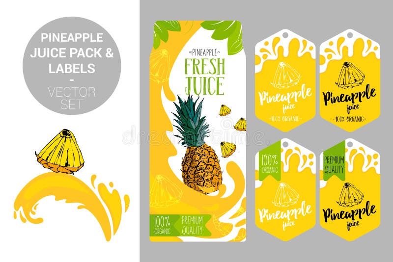 Pineapple Juice Pack and Organic Fruit Labels Tags. Colorful Tropical ...