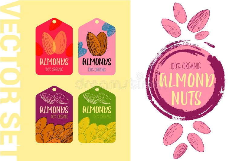 100 Organic Almonds Tag Set. Creative Nut Stickers Stock Vector ...
