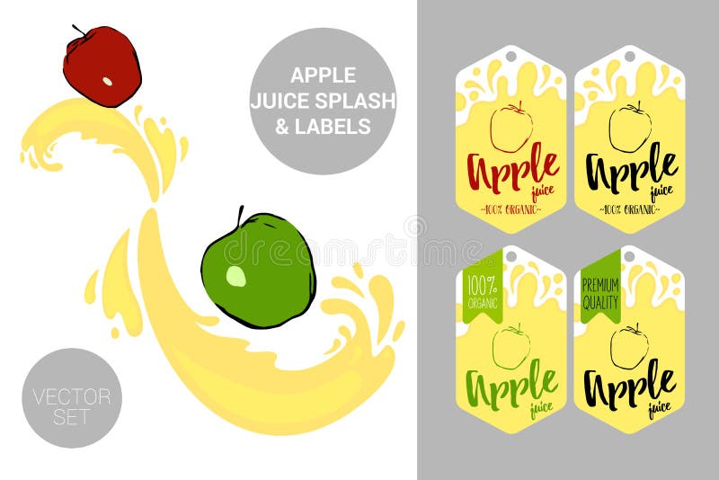 Red and Green Apples on Juice Splashes. Organic Fruit Labels Tags and ...