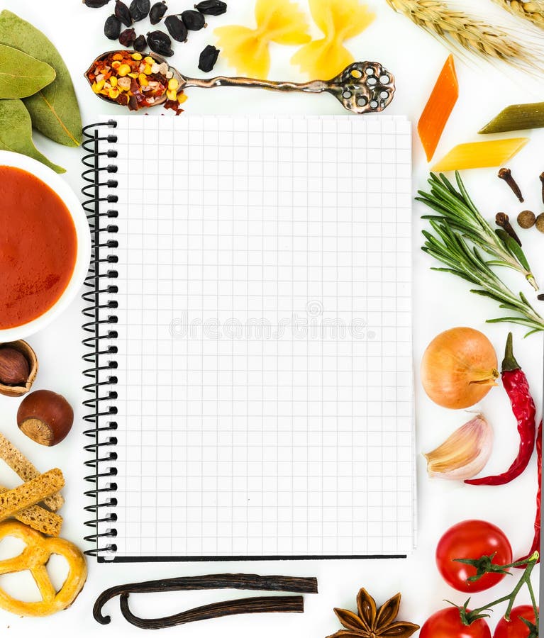 Food Ingredients and Recipe Book Stock Photo - Image of herbs, healthy ...