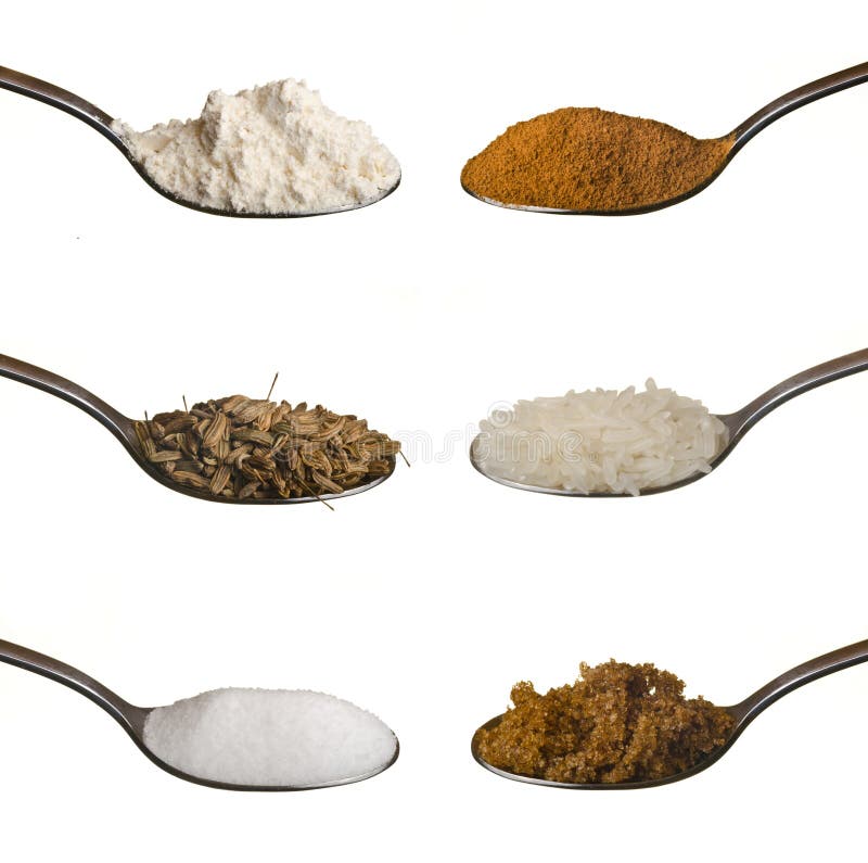 Food Ingredients in Spoons Isolated Stock Photo - Image of close ...