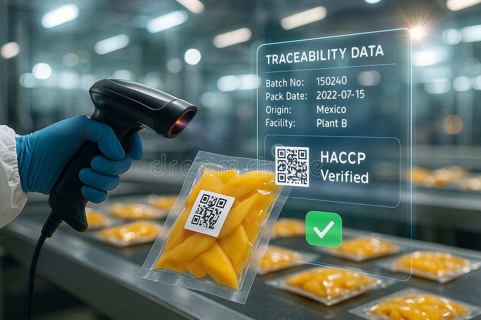 Food Inspector Scanning Vacuum Packed Product with Barcode Reader Showing HACCP Verification and ...