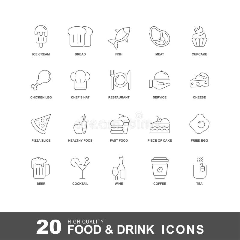Food Line Icons. Meals and Drinks Icon Set with Editable Stroke Stock ...