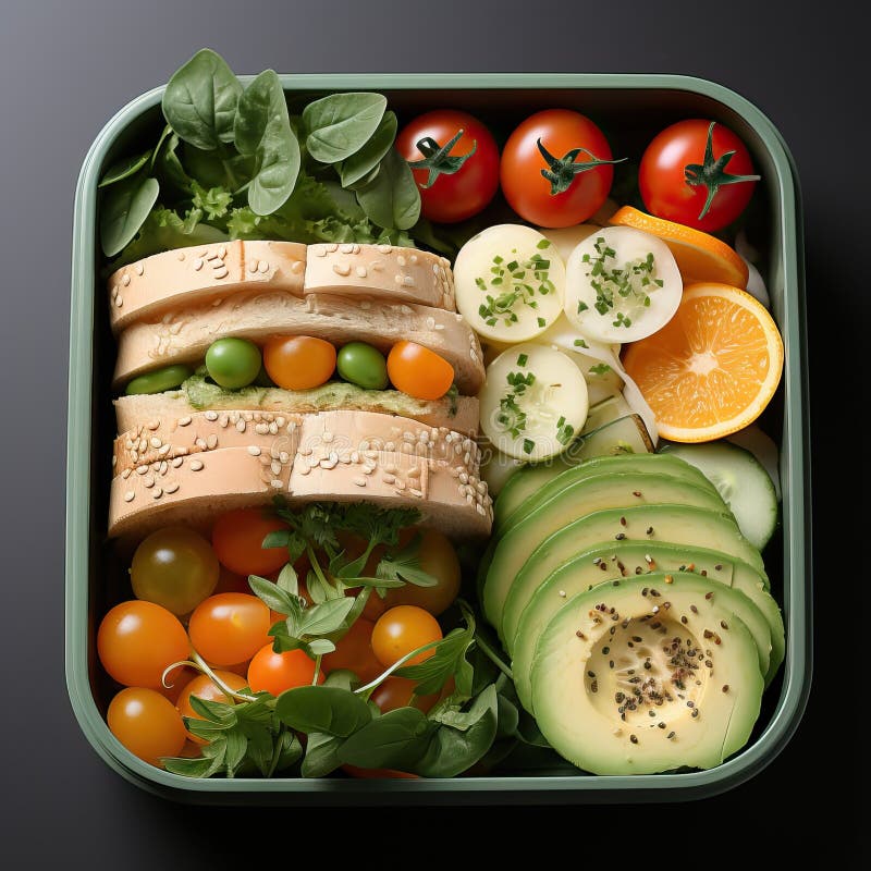 Food Lunch Box with Vegetables and Bread, Top View of Lunch Box on ...
