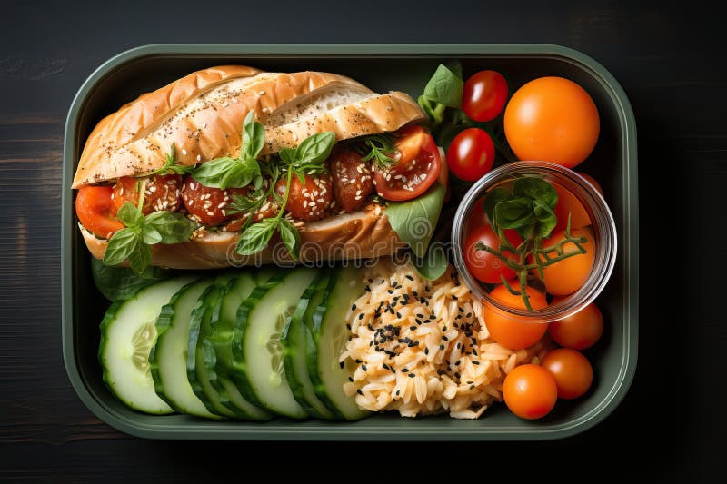 Food Lunch Box with Vegetables and Bread, Top View of Lunch Box on ...