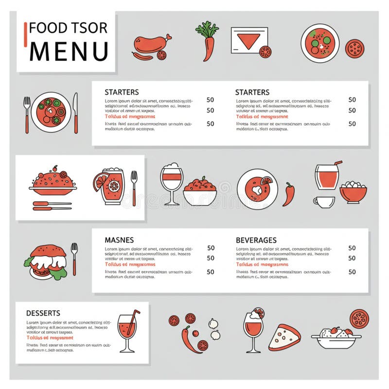 A Food Menu Layout Featuring Sections for Starters, Mains, Beverages ...