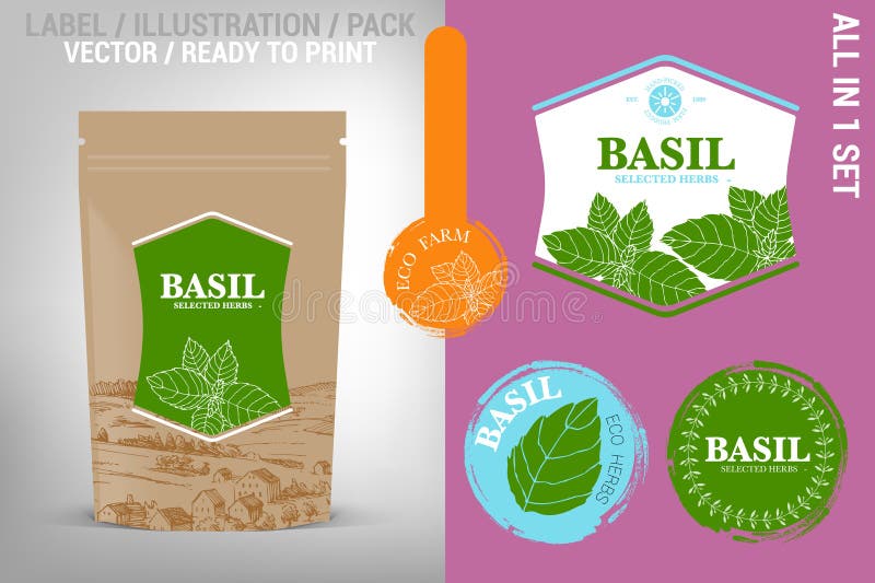 Basil Packaging Design Set - Vector Illustration with Labels and Boxes ...