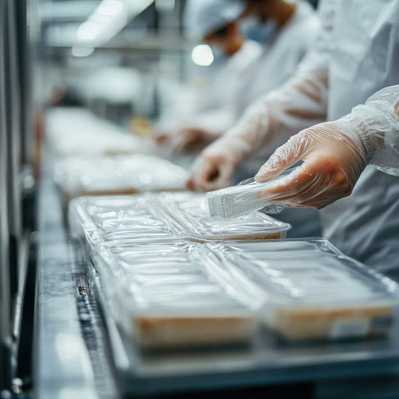 Food Packaging Process in Industrial Kitchen with Workers in Action ...