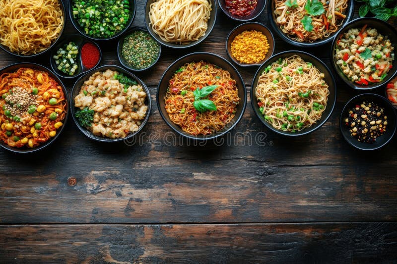 Food Photography, Various Noodle Dishes Displayed on a Rustic Table ...