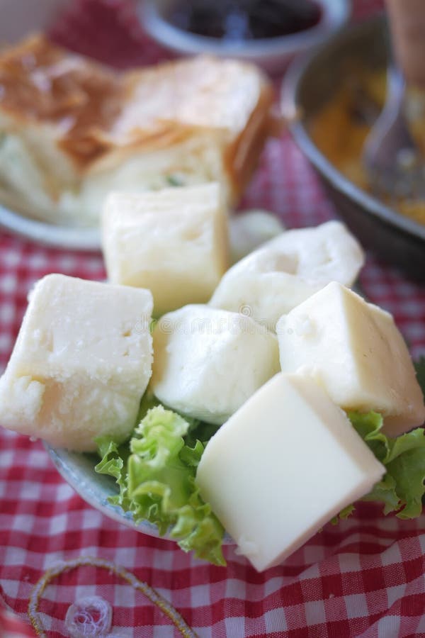 Food Plate of Cheese Cubes and Lettuce on Checkered Tablecloth Stock ...