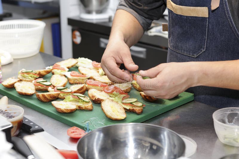 Food Preparation Process for Delivery. Cooking Sandwiches and ...