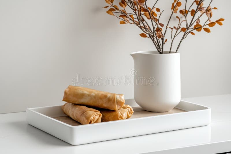 Food Presentation, Veggie Spring Rolls on White Tray in Modern Kitchen ...