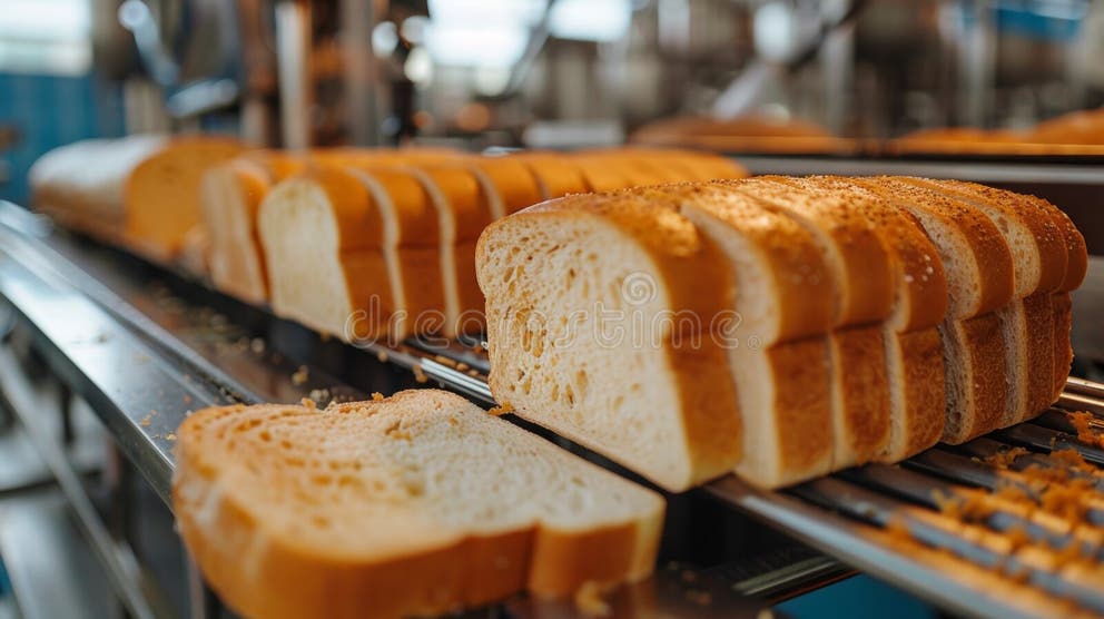 Food Processing Automation, a Bread Slicing Machine in a Bakery Ensures ...