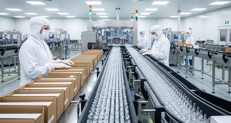 Food Processing Facility Interior with Workers in Protective Gear ...