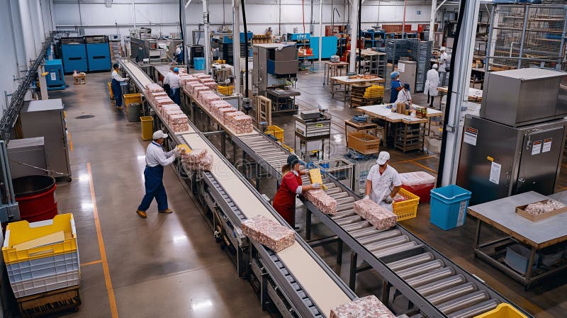 Food Processing Plant with Conveyor Belts, Machines, and Workers ...