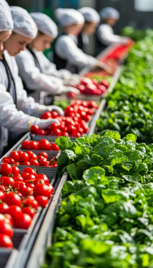Food Processing Plant. Workers in Protective Suits on Conveyor Belt ...