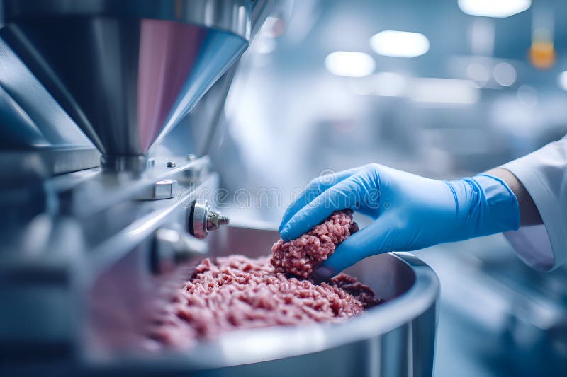 Food Processing Worker Examining Ground Meat in Processing Plant Stock ...