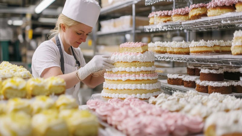 Food Production Line Showcasing Cake Assembly in a Modern Kitchen ...