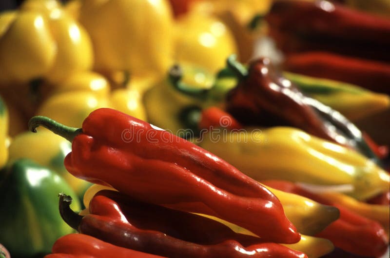 Food Products, Red and Yellow Peppers on Market Stall. Stock Photo ...