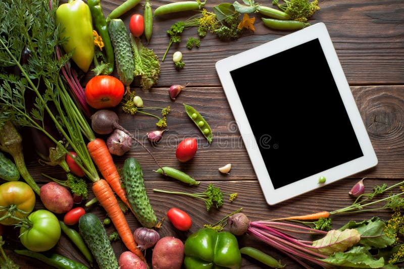 Food Recipes Tablet Computer on Wooden Table Stock Image - Image of ...
