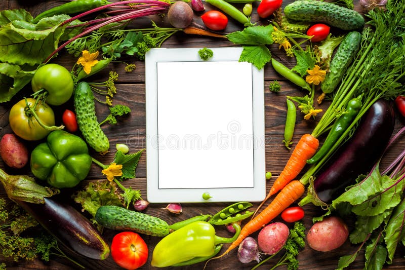 Food Recipes Tablet on Rustic Wooden Table Stock Image - Image of food ...
