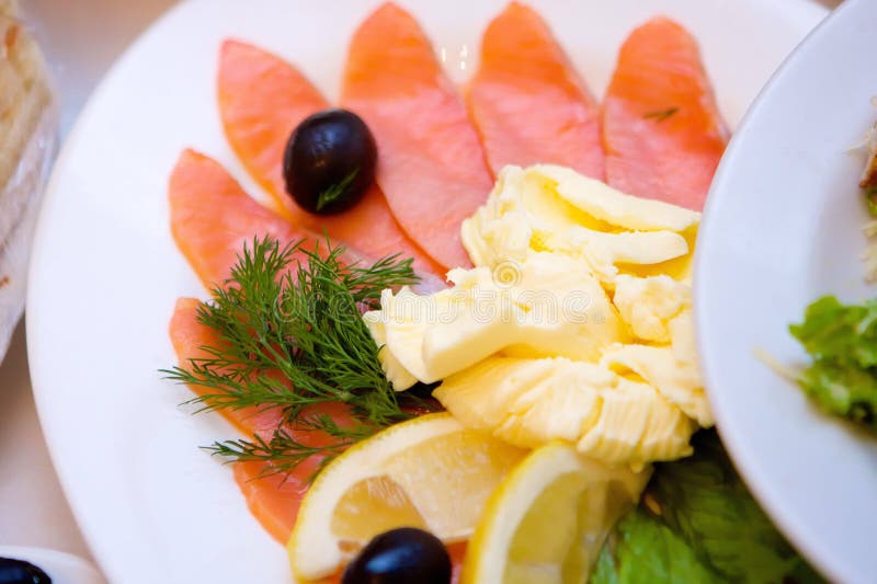 The Food in the Restaurant Fish Dish Cutting of Different Types Stock ...